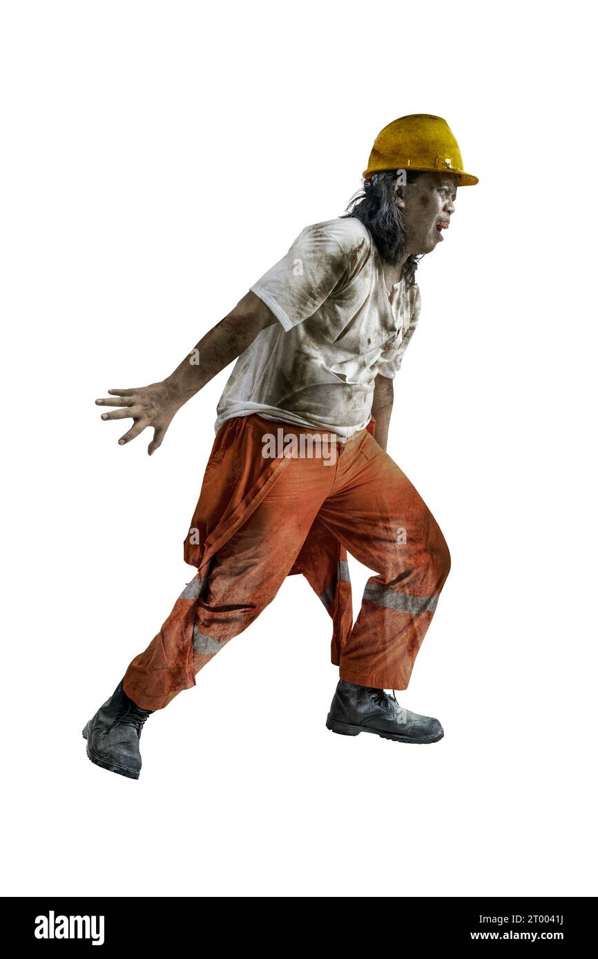 A scary construction worker zombie with blood and wounds on his body ...
