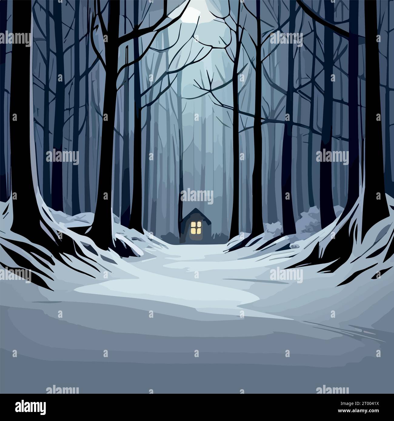 Small wooden hut in fairy dark forest in snowy Around hut on snow trail ...