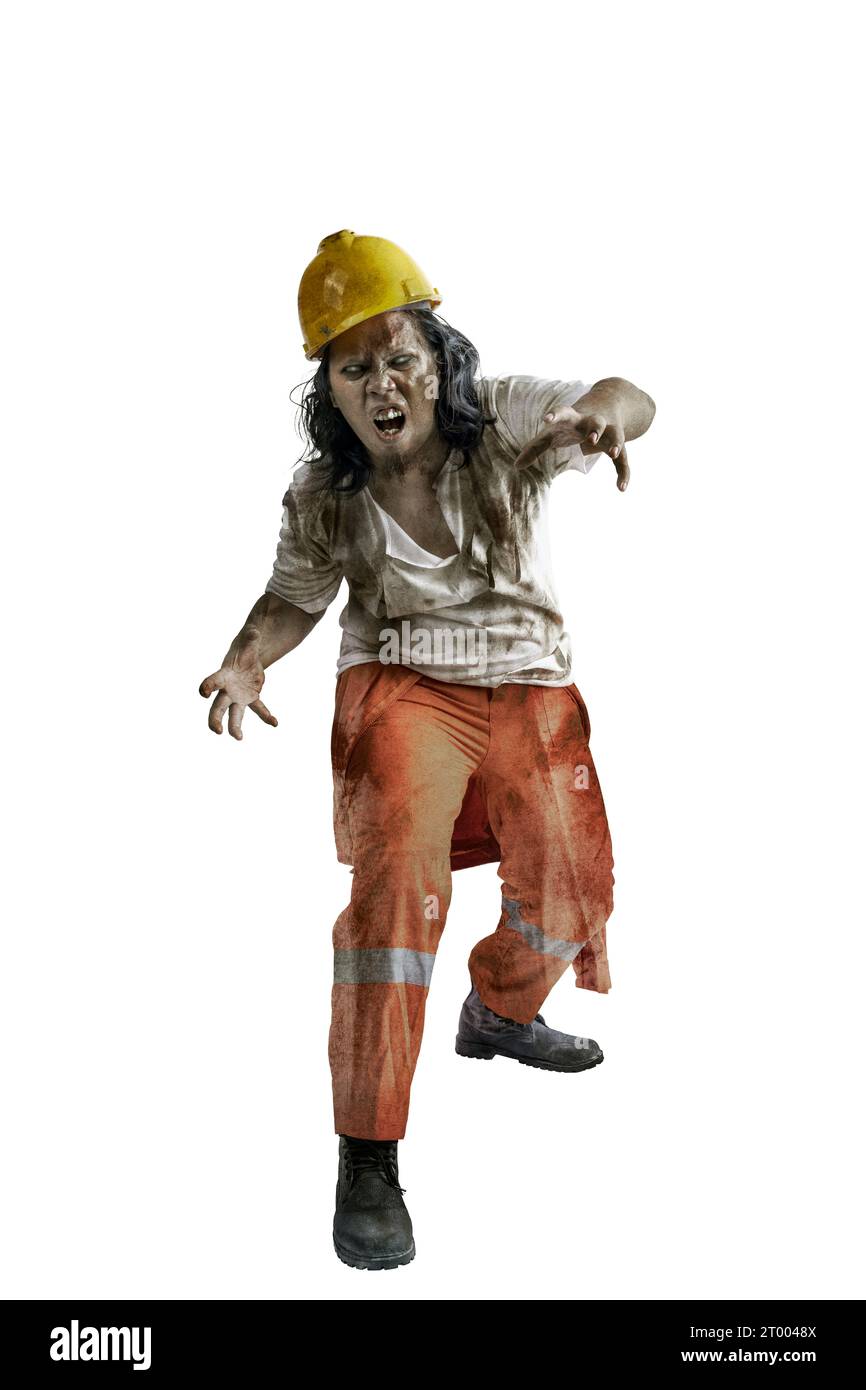 A scary construction worker zombie with blood and wounds on his body ...