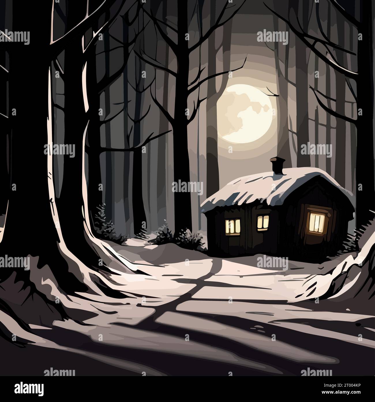 Landscape with moon moonlit night dark mysterious black forest and a home cottage house in ...