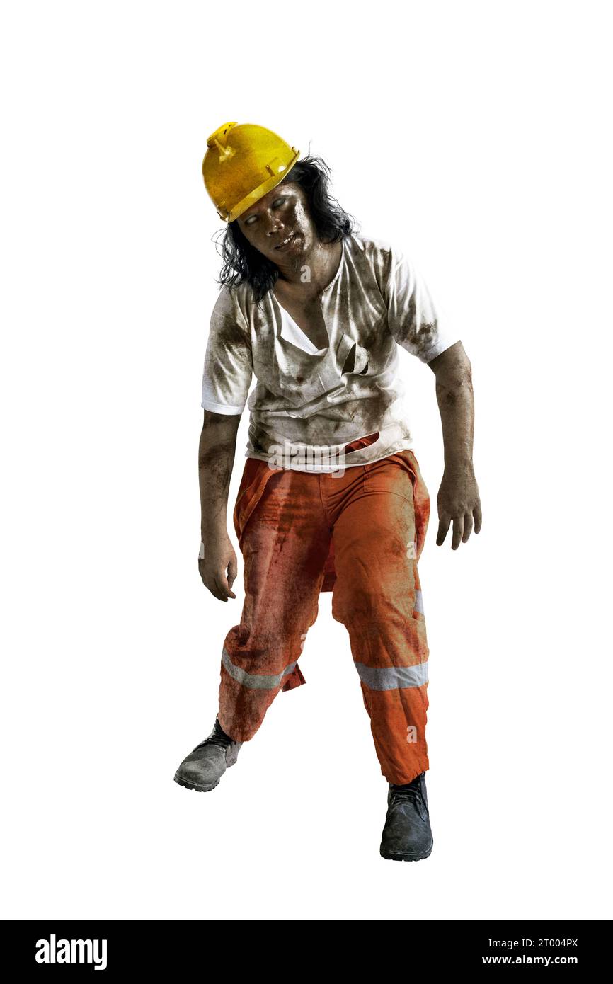 A scary construction worker zombie with blood and wounds on his body ...