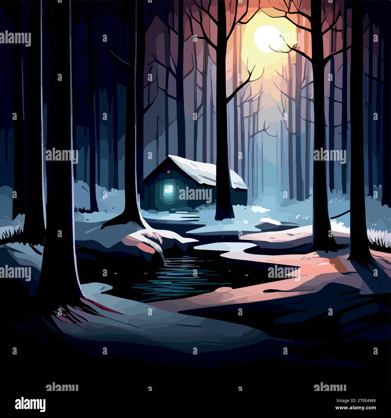 Landscape with moon moonlit night dark mysterious black forest and a home cottage house in ...