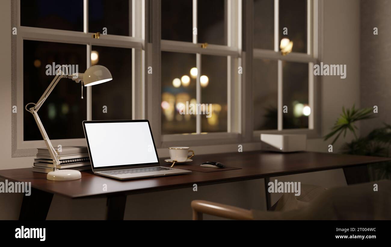 Side view image of a modern office workspace at night with a white ...