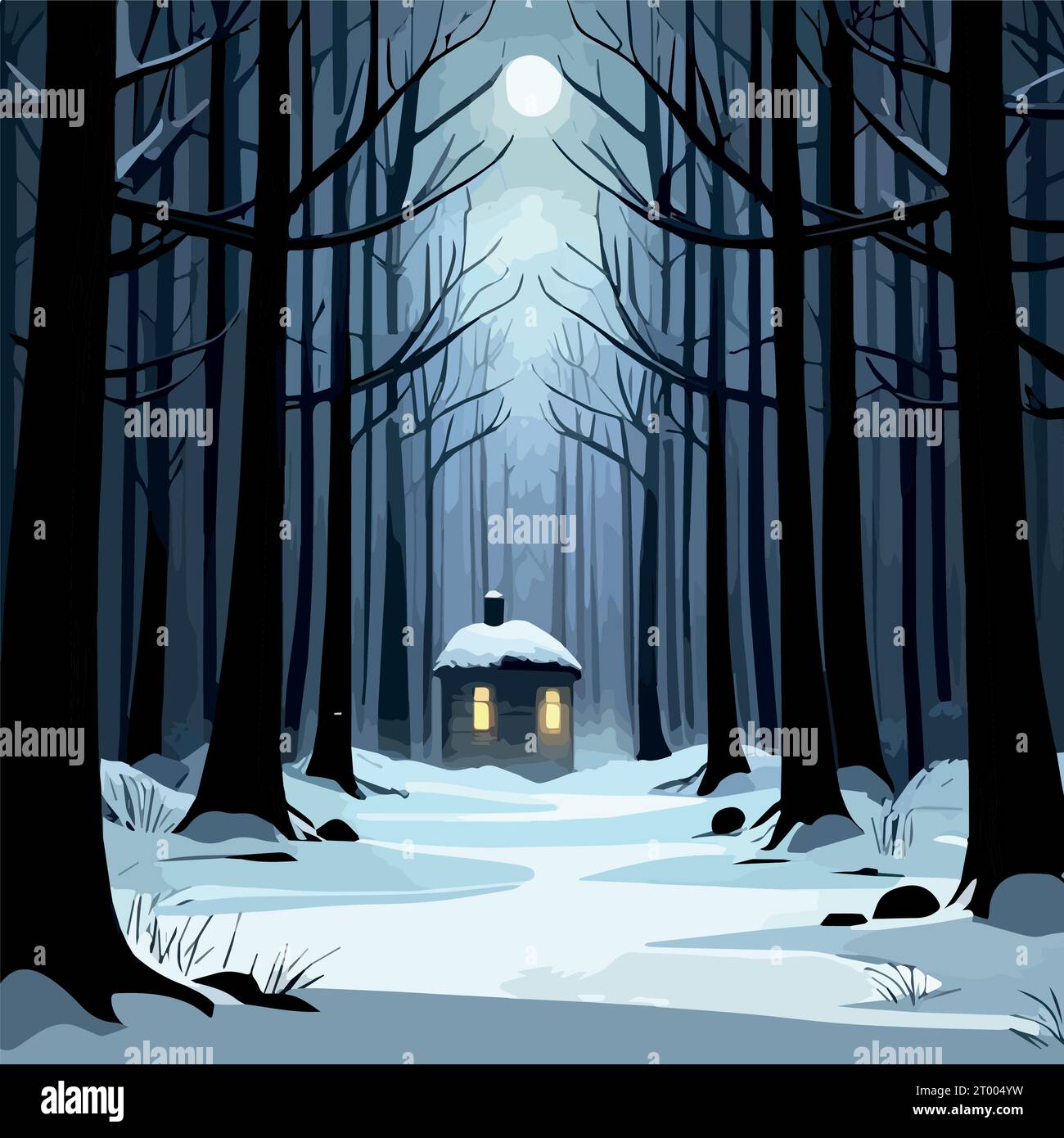 Small wooden hut in fairy dark forest in snowy Around hut on snow trail ...