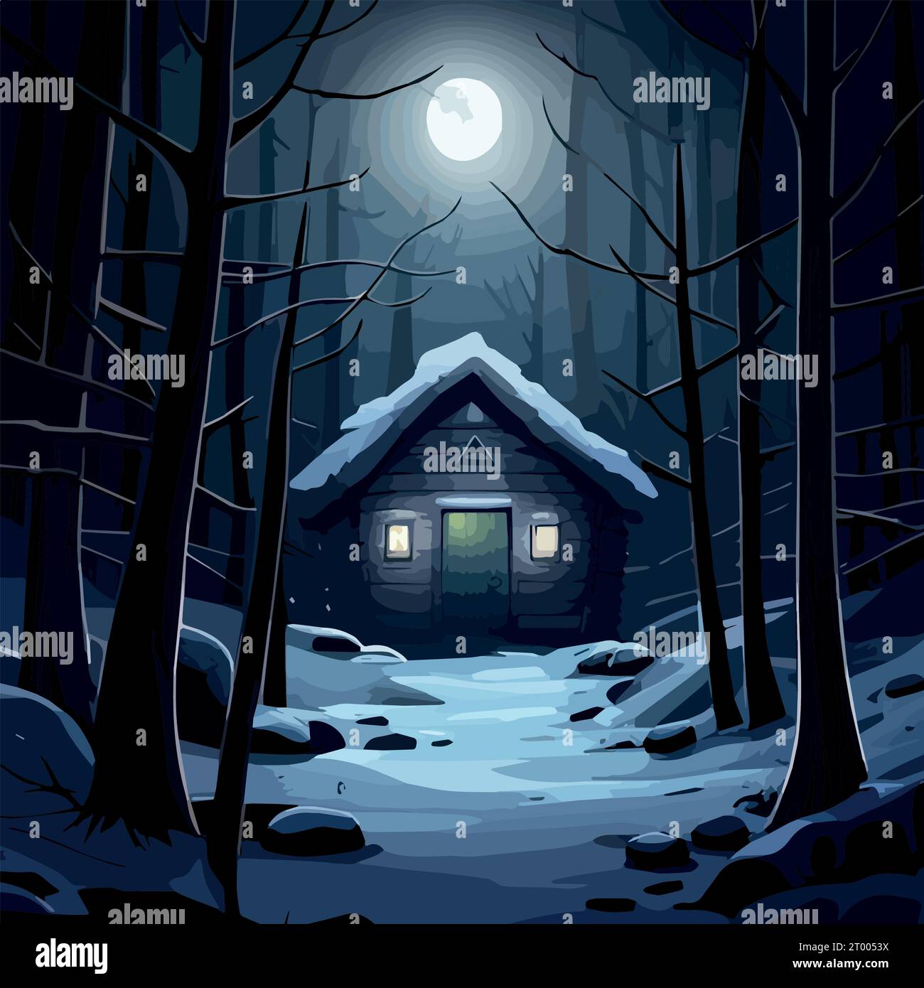 Small wooden hut in fairy dark forest in snowy Around hut on snow trail ...