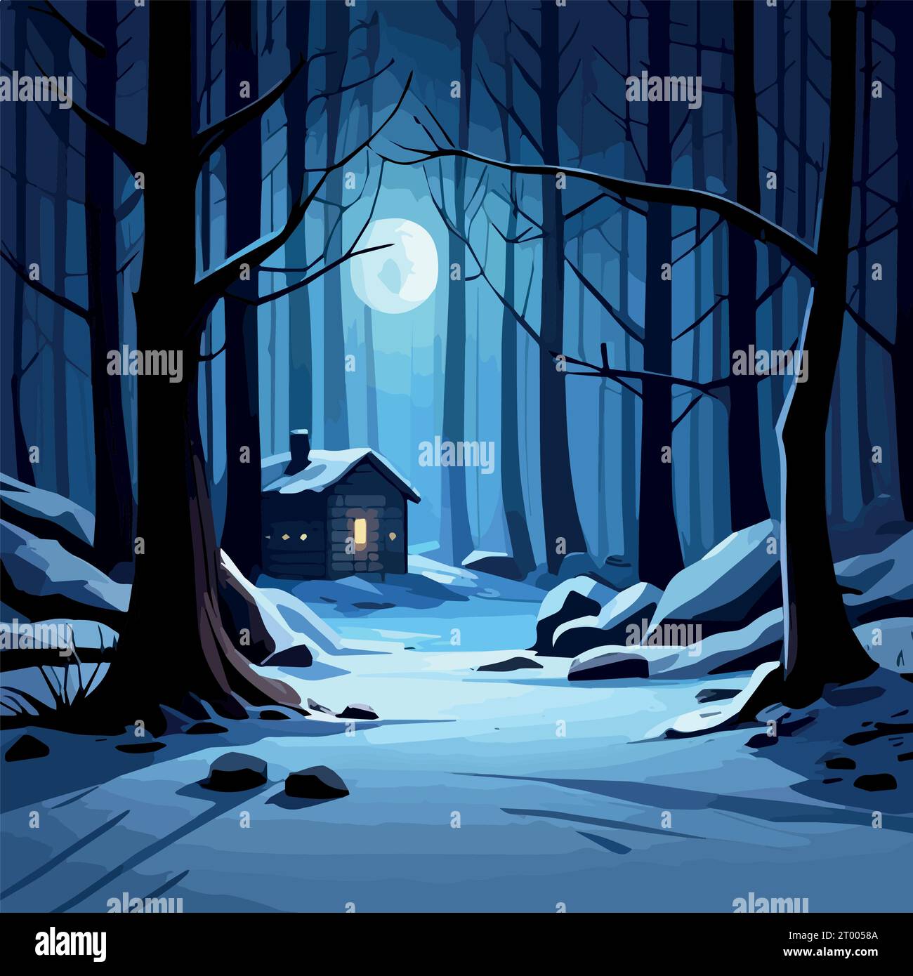 Landscape with moon moonlit night dark mysterious black forest and a home cottage house in ...