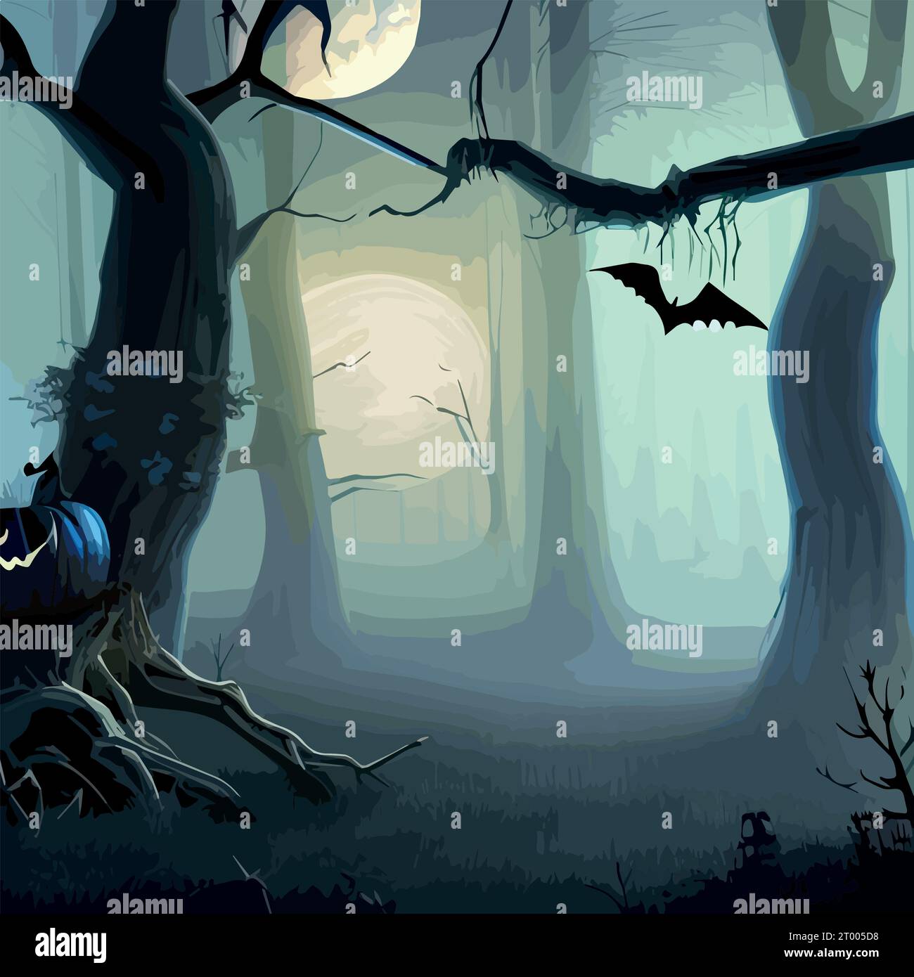 Dark forest Halloween background with bats, trees. Halloween purple ...