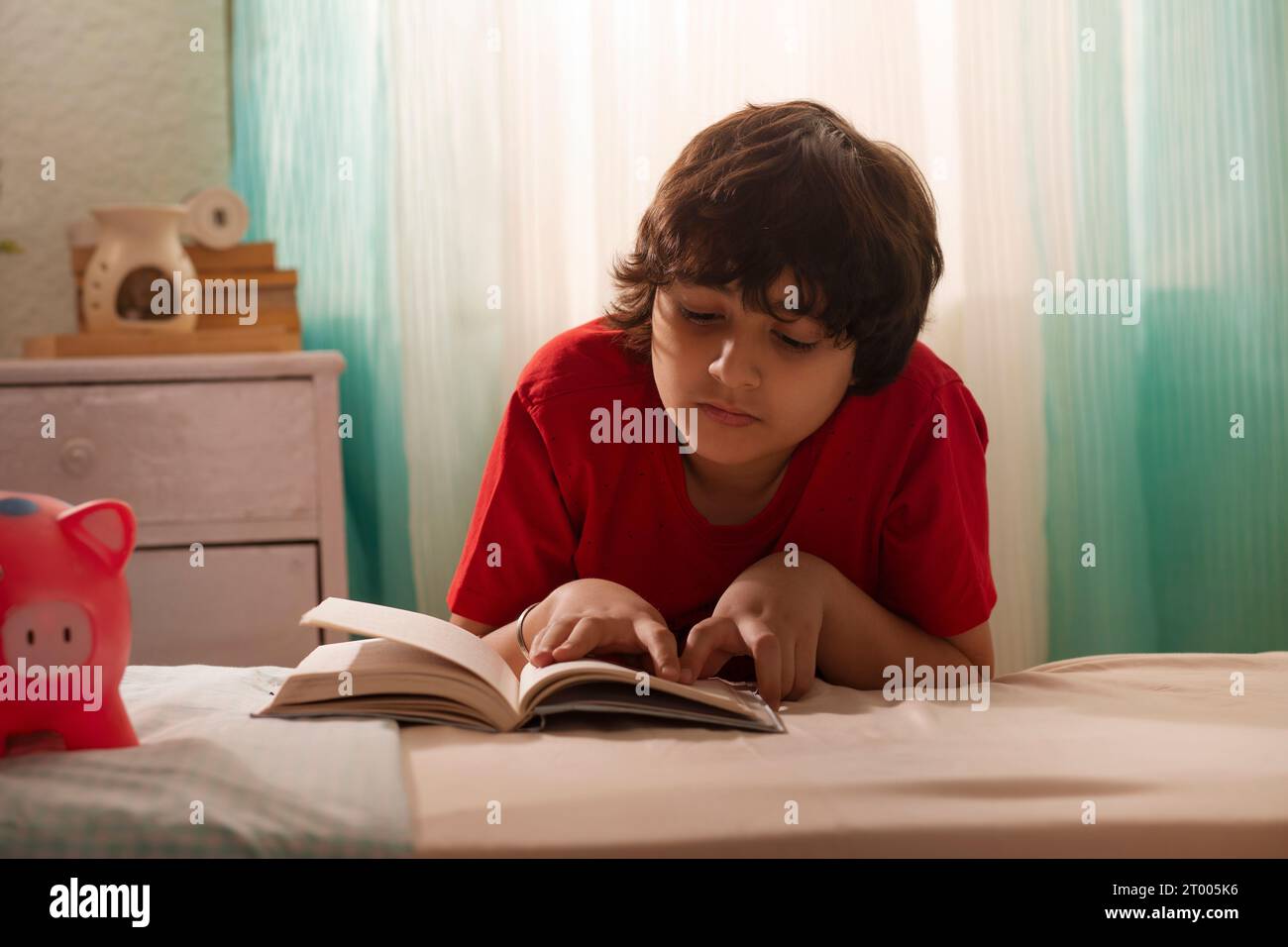Portrait of a little boy reading a book Stock Photo - Alamy