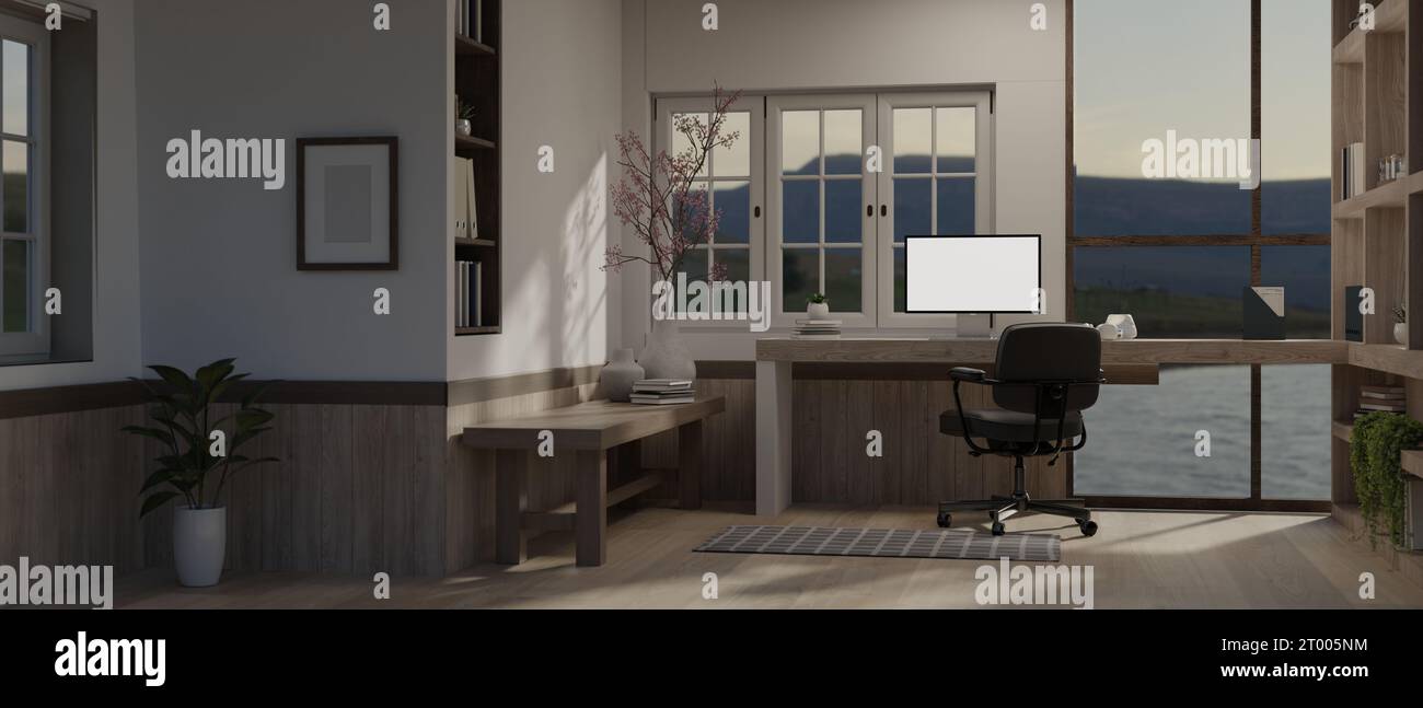 Modern study room with blank screen mock up desktop computer against ...