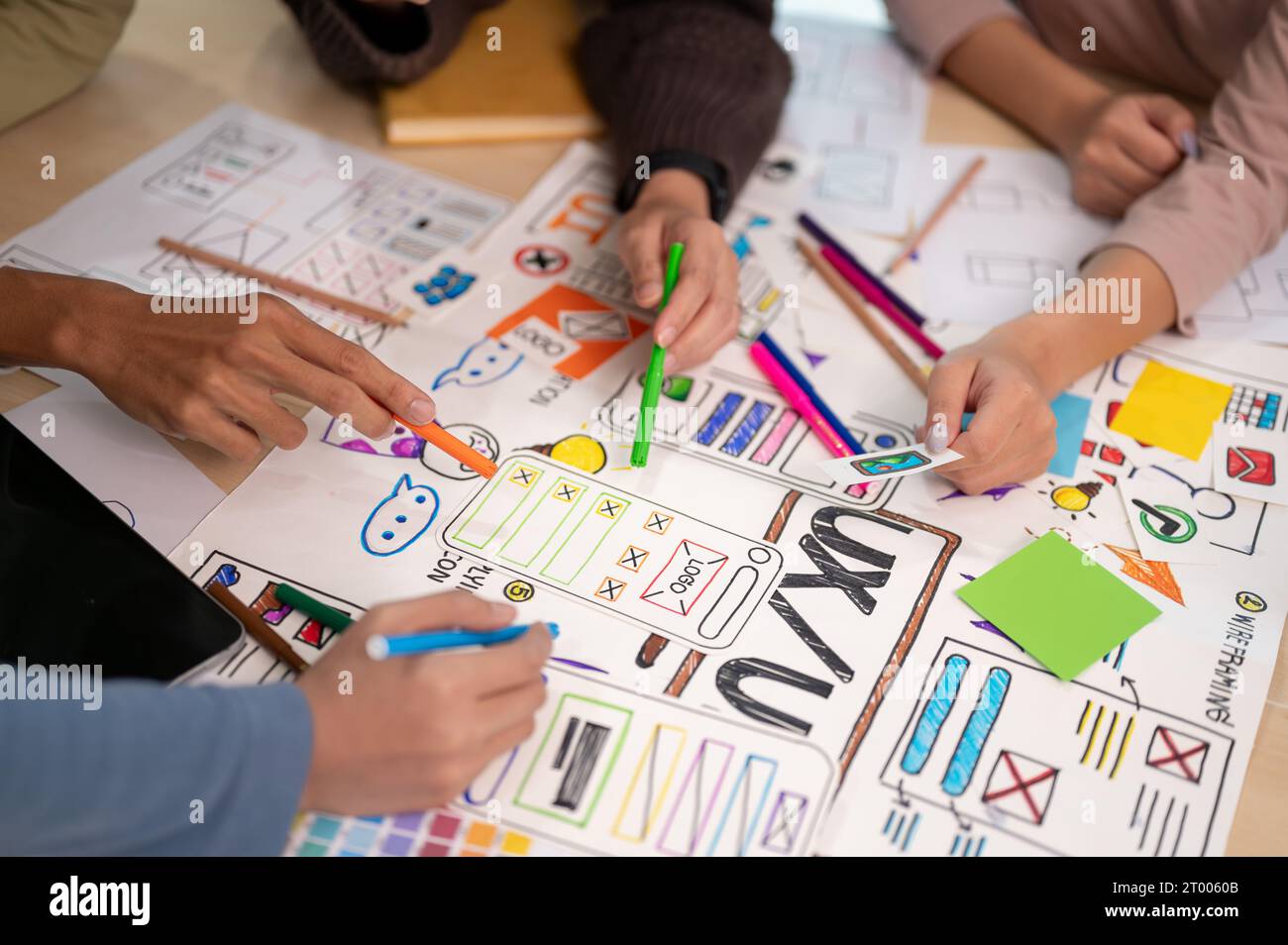 Close up view of young professional UX UI designer discussion on their ...