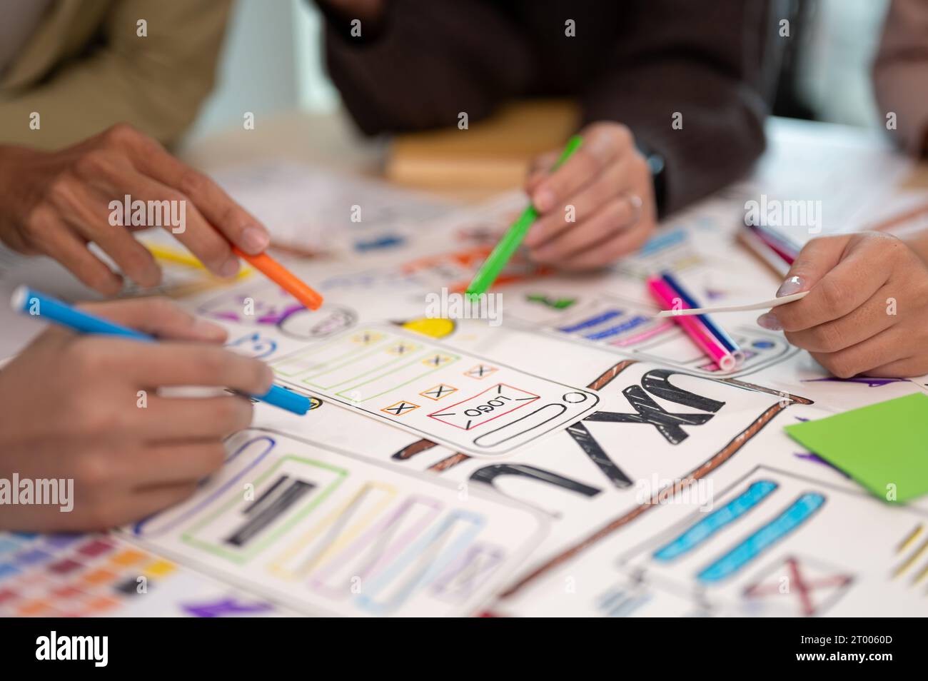 Close up view of young professional UX UI designer discussion on their ...