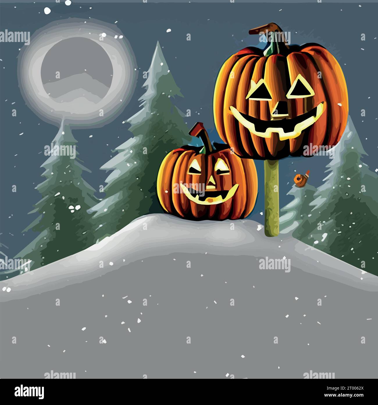 Halloween pumpkins in a snowy in a garden and bats in the vector ...