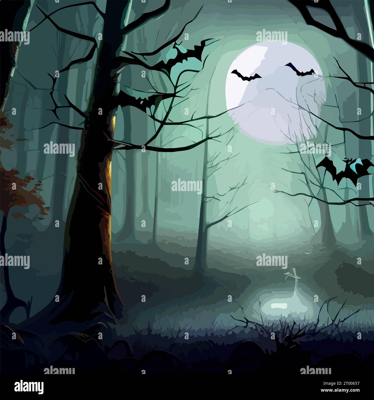 Halloween pumpkins in the dark spooky forest. Vector Illustration for ...