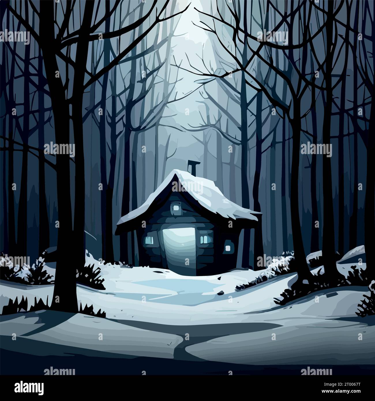 Small wooden hut in fairy dark forest in snowy Around hut on snow trail ...