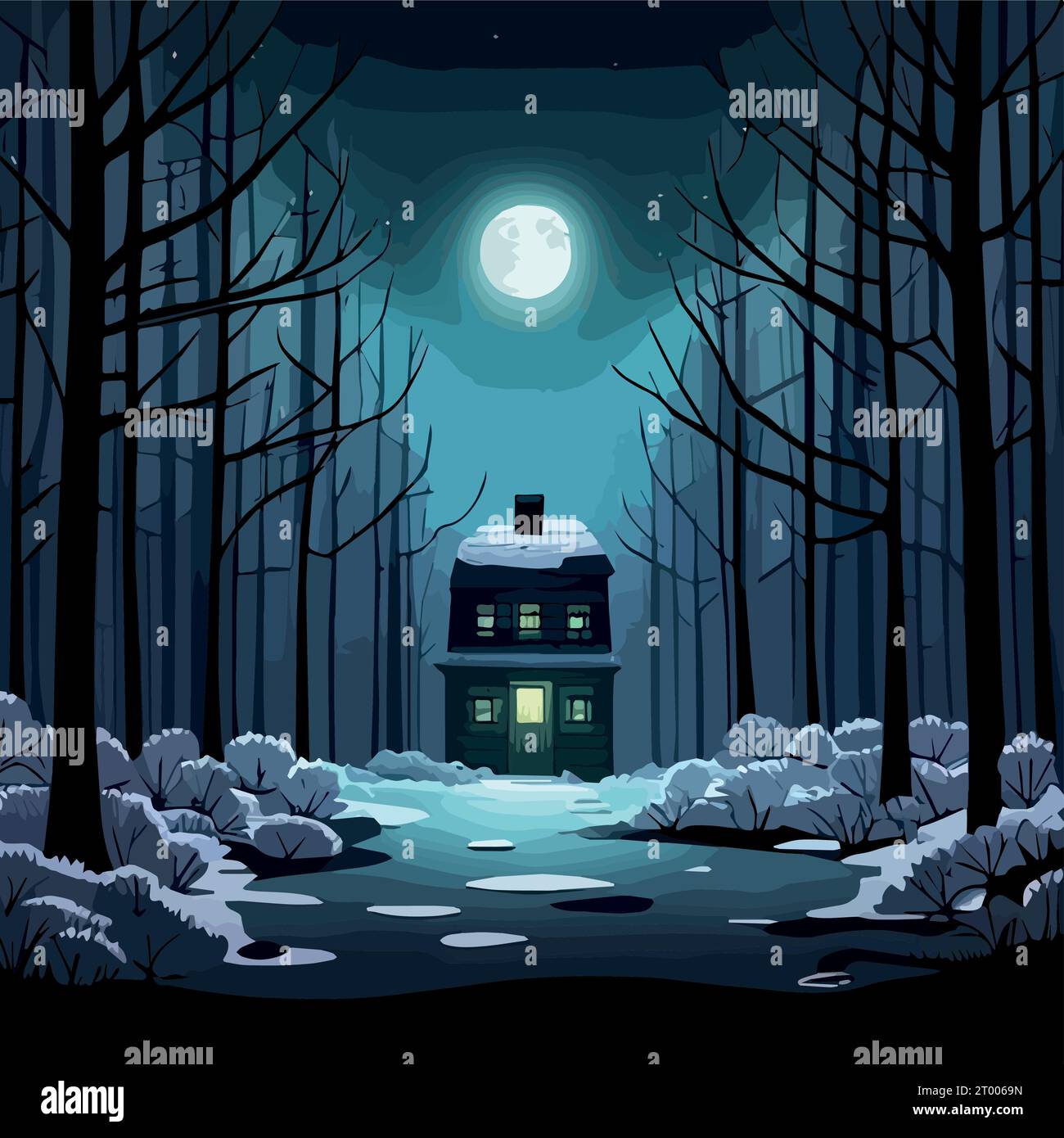 Landscape with moon moonlit night dark mysterious black forest and a home cottage house in ...