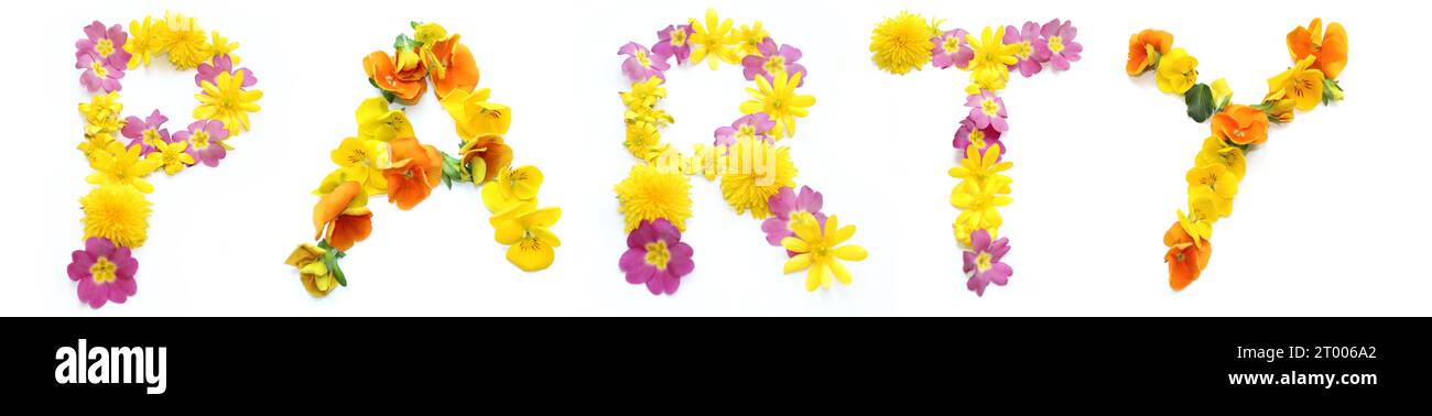 The word PARTY made of yellow pink red and orange flowers. The floral ...