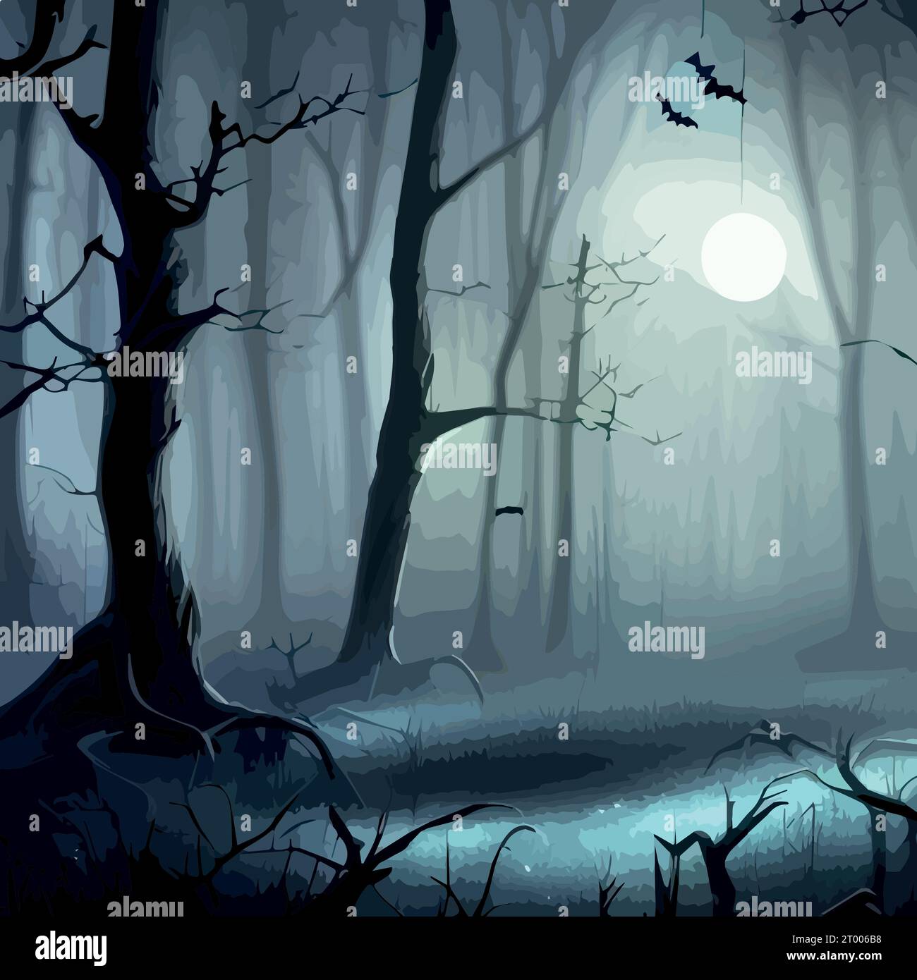 Halloween pumpkins in the dark spooky forest. Vector Illustration for ...