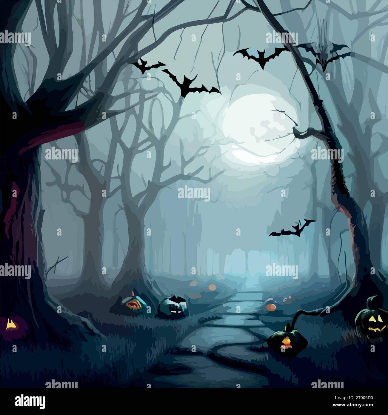 Dark forest Halloween background with bats, trees. Halloween purple ...