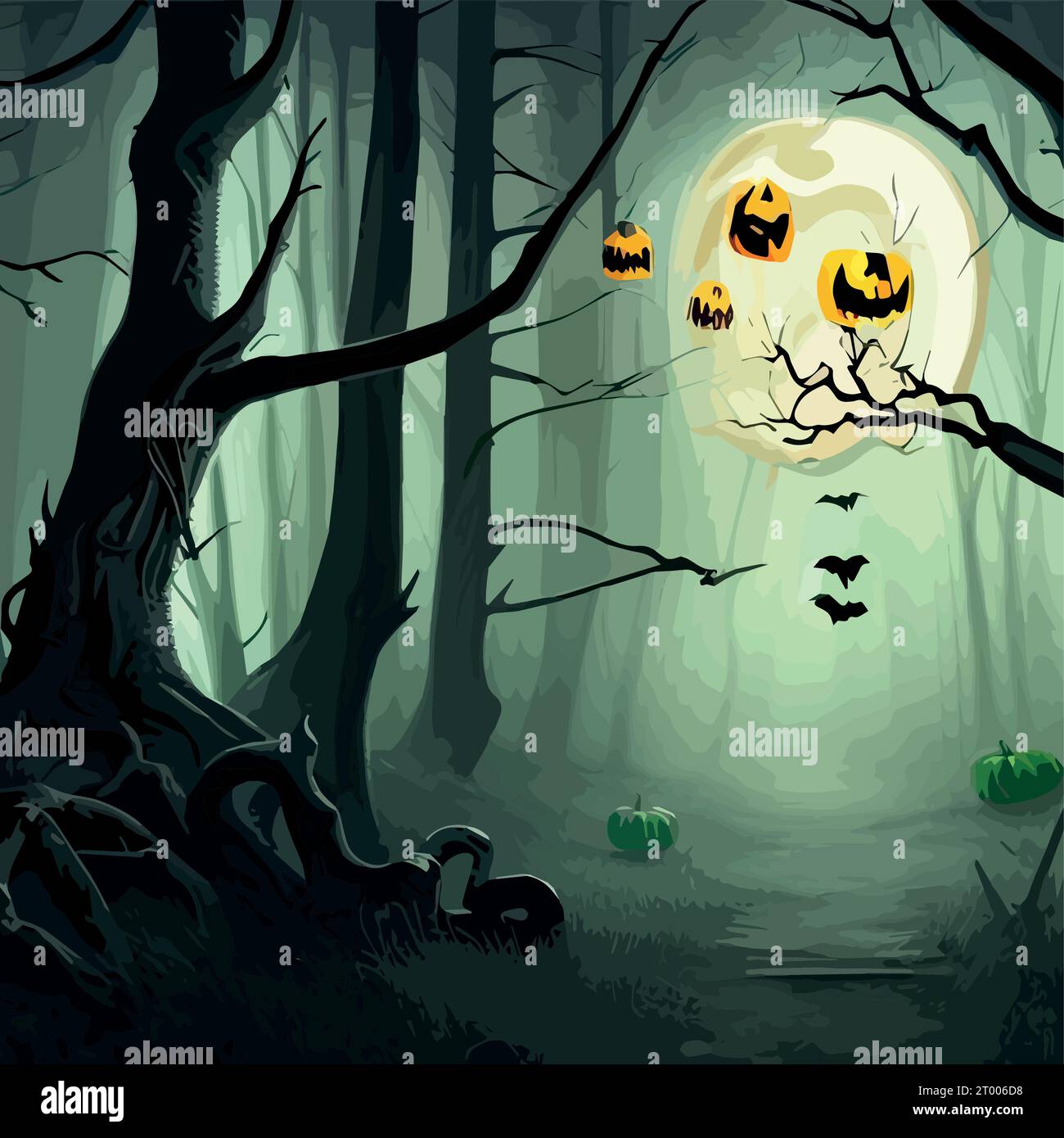 Halloween pumpkins in the dark spooky forest. Vector Illustration for ...