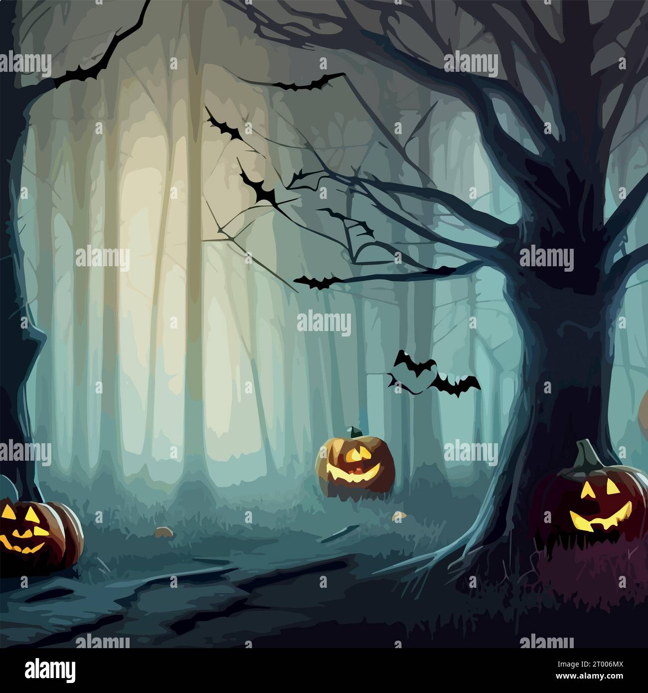 Dark forest Halloween background with bats, trees. Halloween purple ...