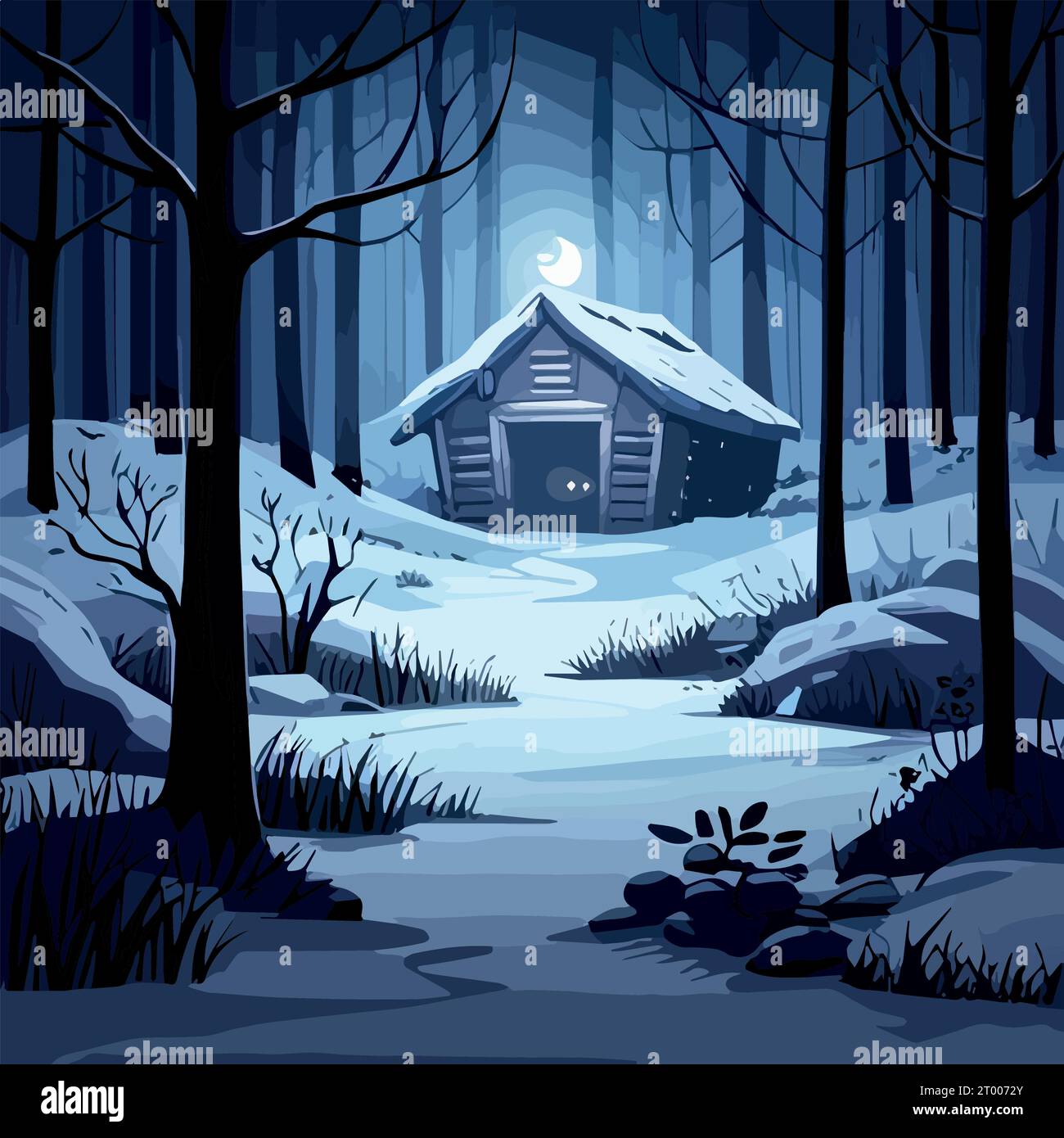 Landscape with moon moonlit night dark mysterious black forest and a home cottage house in ...