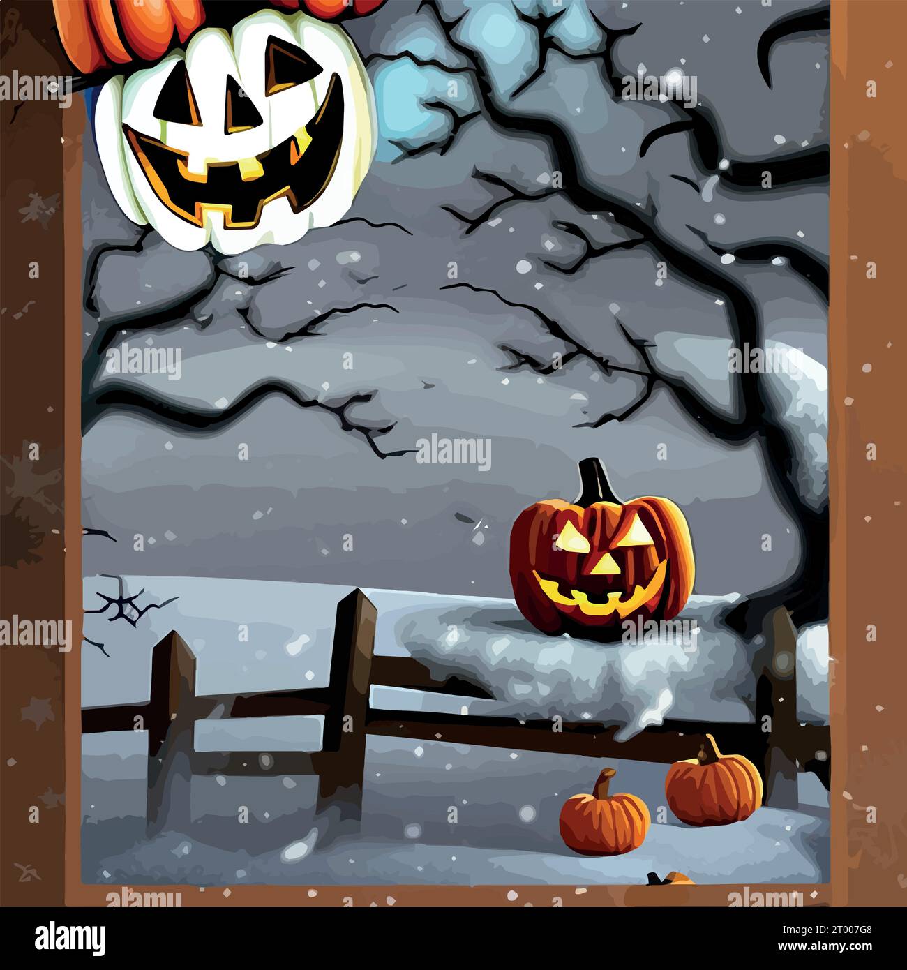Halloween pumpkins in a snowy in a garden and bats in the vector ...