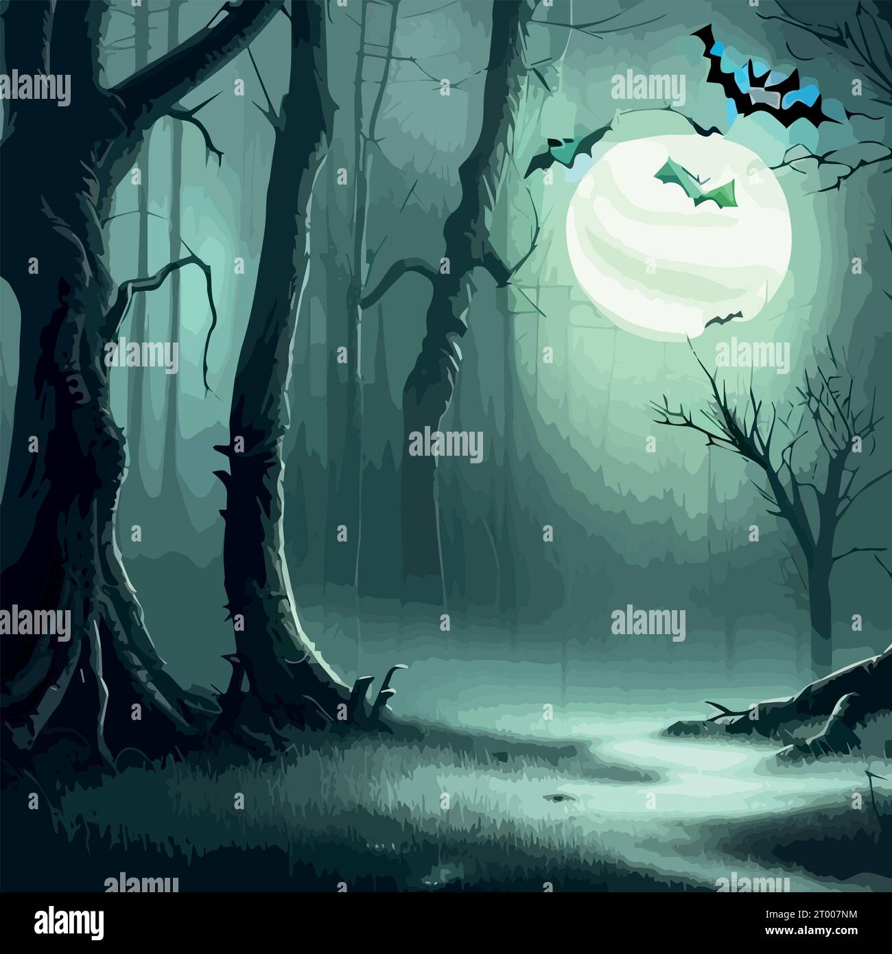 Halloween pumpkins in the dark spooky forest. Vector Illustration for ...
