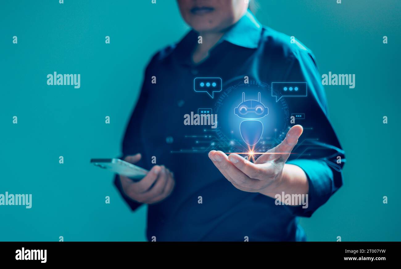 Chatbot Chat with AI, Artificial Intelligence. Businesswoman using technology smart robot AI ...