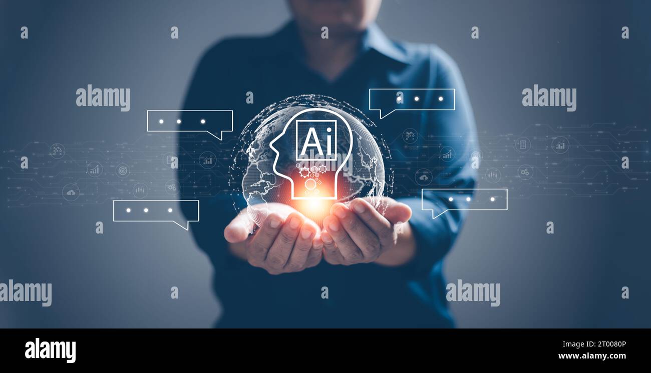 Chatbot Chat with AI, Artificial Intelligence. Businesswoman using technology smart robot AI ...