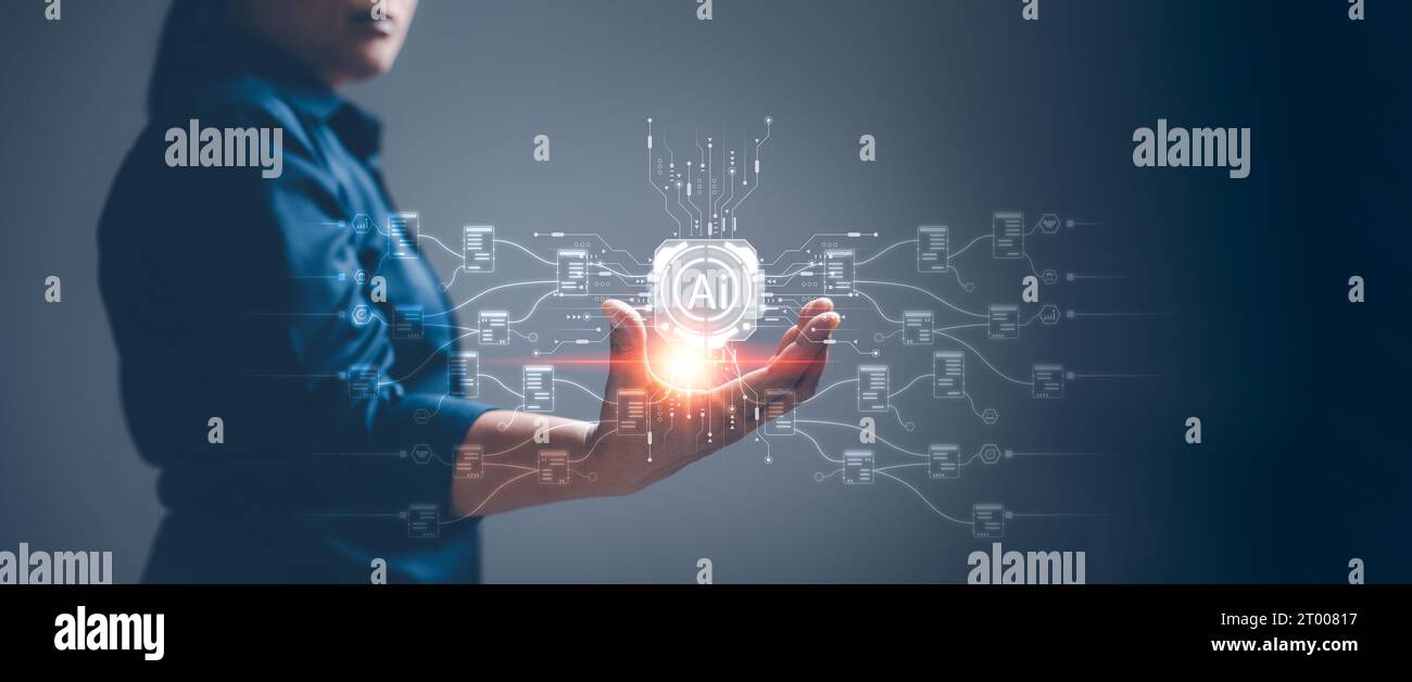 Chatbot Chat with AI, Artificial Intelligence. Businesswoman using technology smart robot AI ...