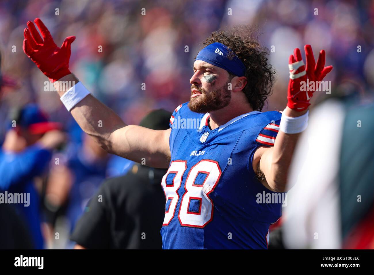Buffalo Bills tight end Dawson Knox (88) engages with the fans during ...