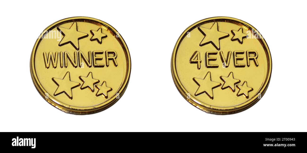 medal, medallion, golden coin with 5 gold stars, word winner, 4ever ...