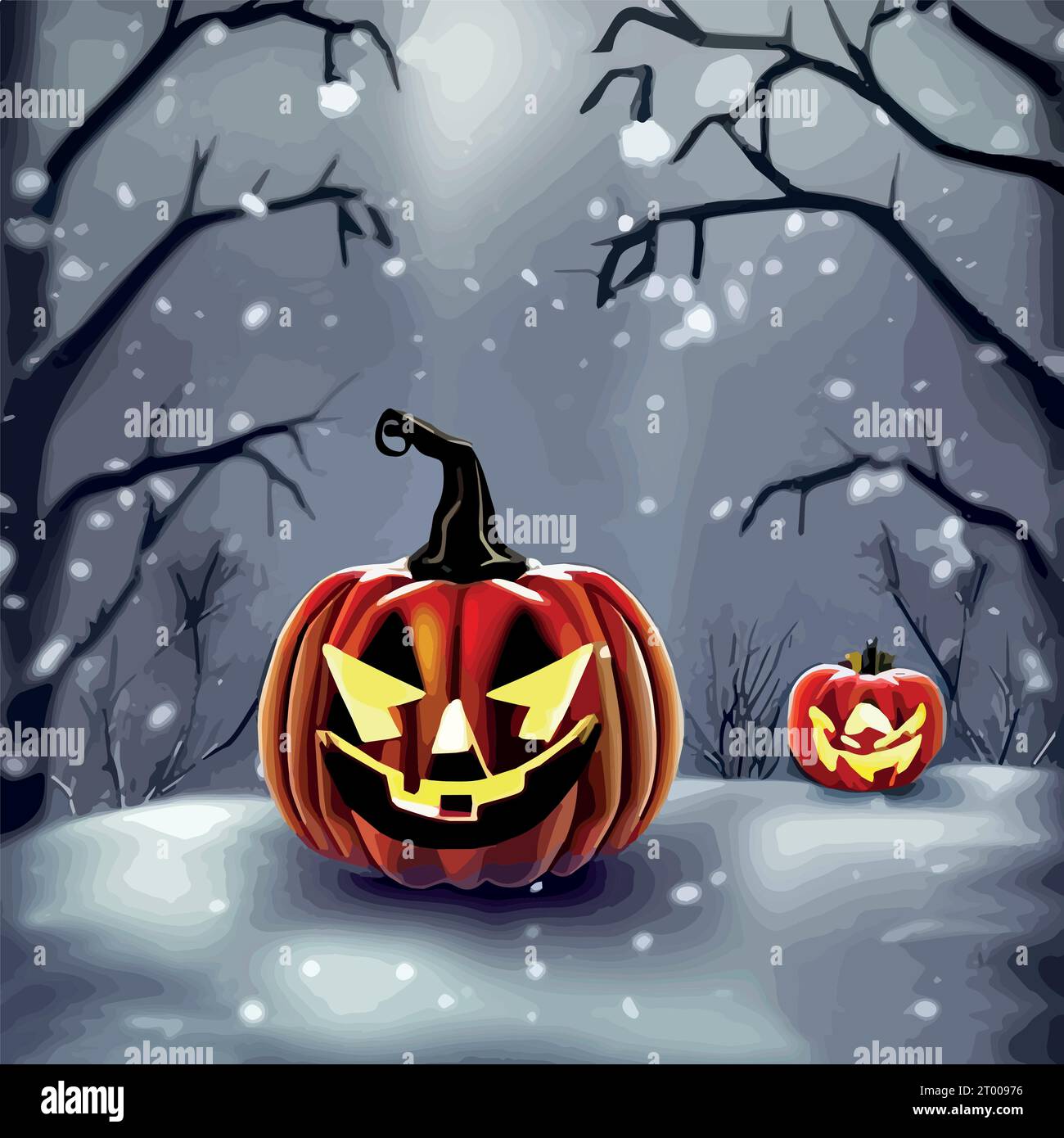 Halloween pumpkins in a snowy in a garden and bats in the vector ...