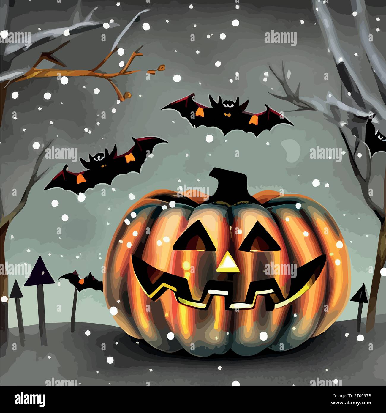 Halloween pumpkins in a snowy in a garden and bats in the vector ...