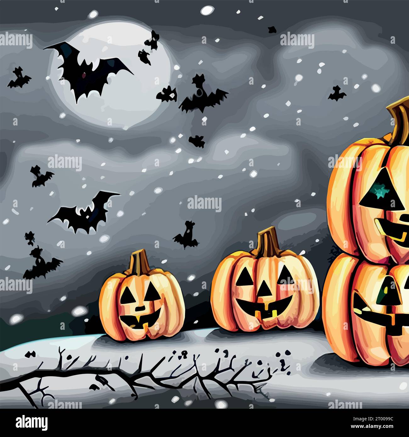 Halloween pumpkins in a snowy in a garden and bats in the vector ...