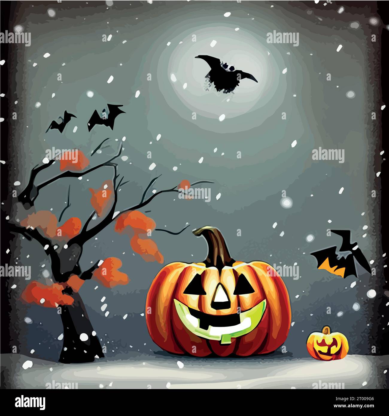 Halloween pumpkins in a snowy in a garden and bats in the vector ...