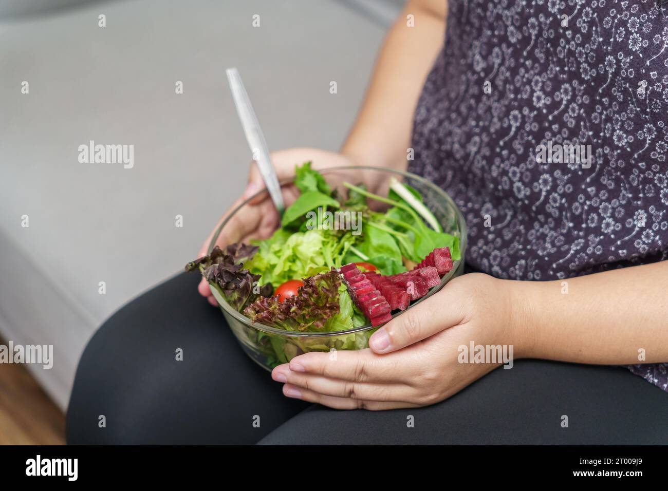 Asian Overweight woman dieting Weight loss eating fresh fresh homemade ...