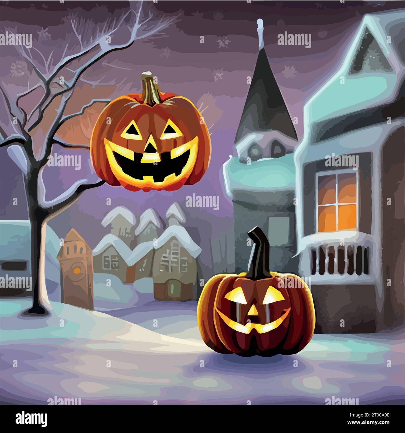 Halloween carved pumpkins and bats in the snowy forest vector ...