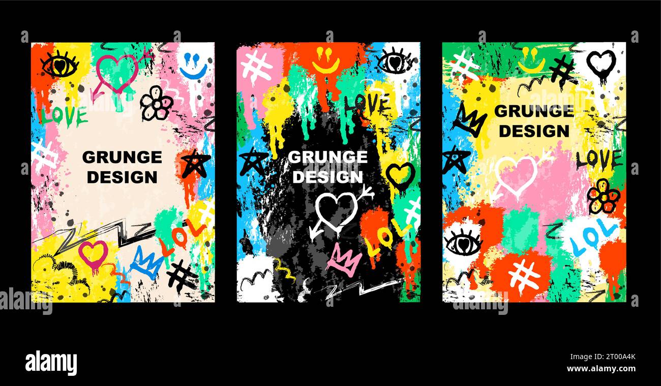 Abstract bright graffiti y2k punk posters set. With bricks, paint drips ...