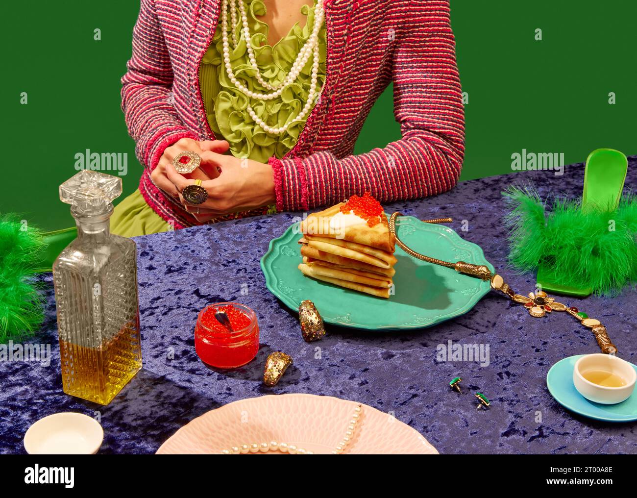 Aristocratic breakfast. Food pop art photography. Unrecognizable woman ...