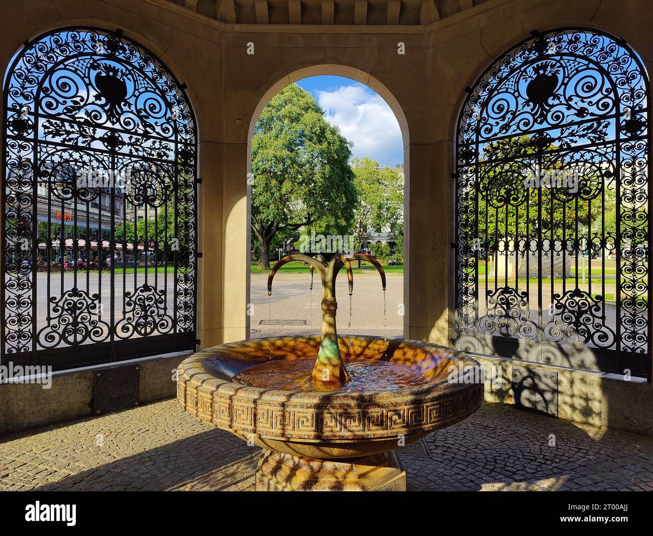 In the pavilion of the historic Kochbrunnen, sodium chloride thermal ...