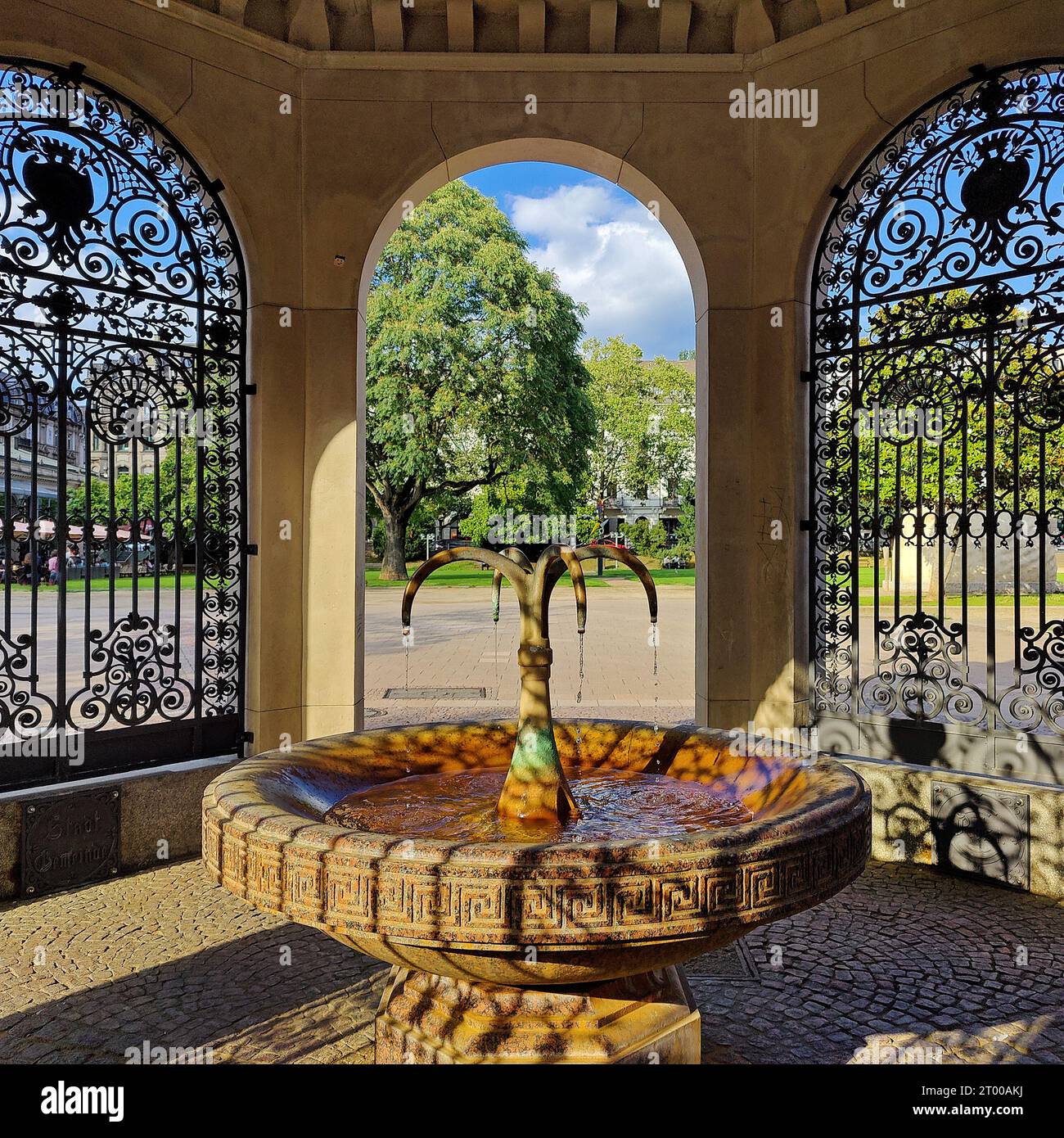 In the pavilion of the historic Kochbrunnen, sodium chloride thermal ...