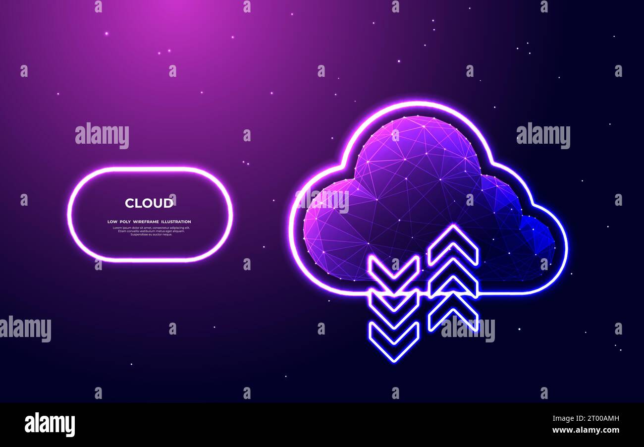 Abstract digital cloud computing icon with neon arrows up and down ...