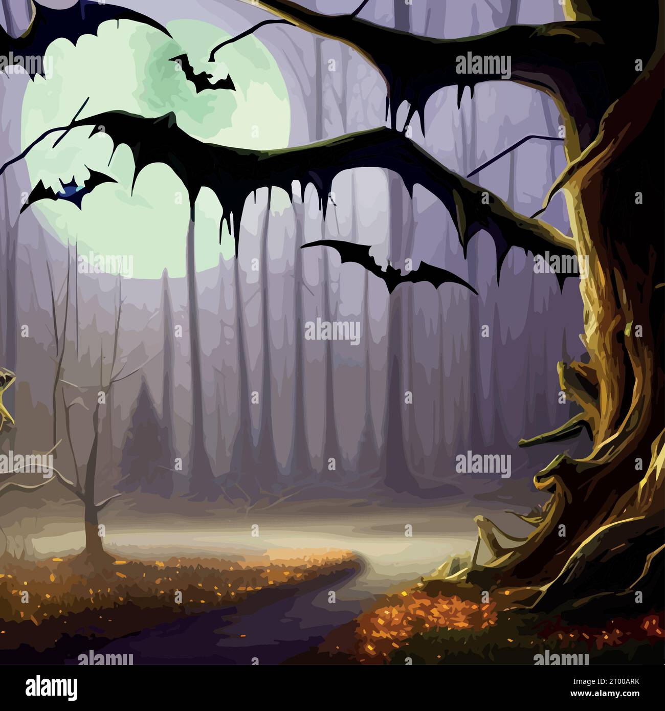 Halloween pumpkins in the dark spooky forest. Vector Illustration for ...