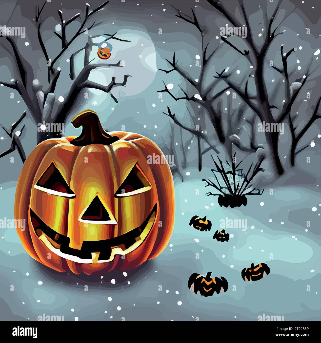 Halloween pumpkins in a snowy in a garden and bats in the vector ...