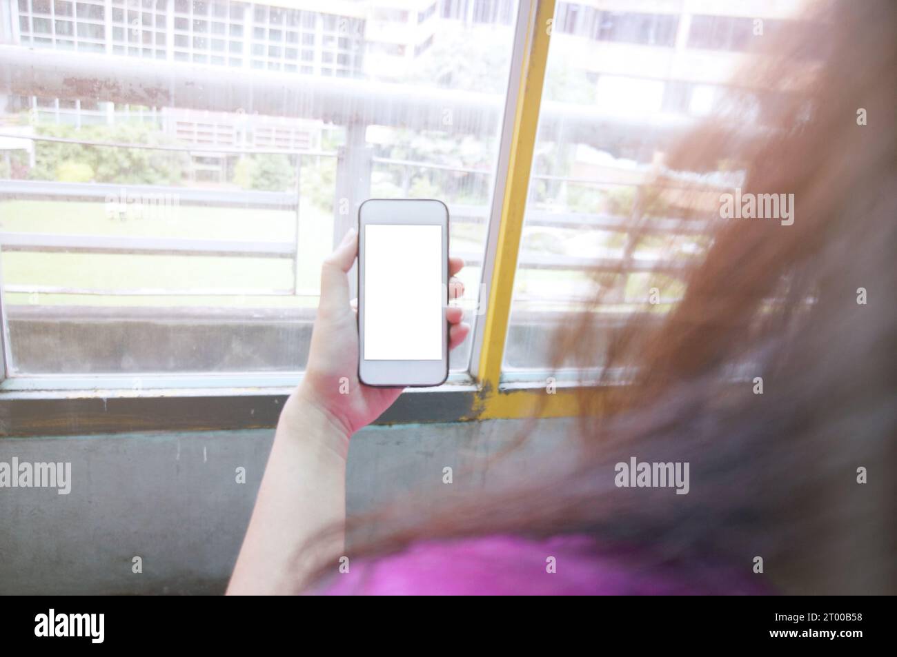 Woman using mobile smart phone, sending massages Phone with white ...