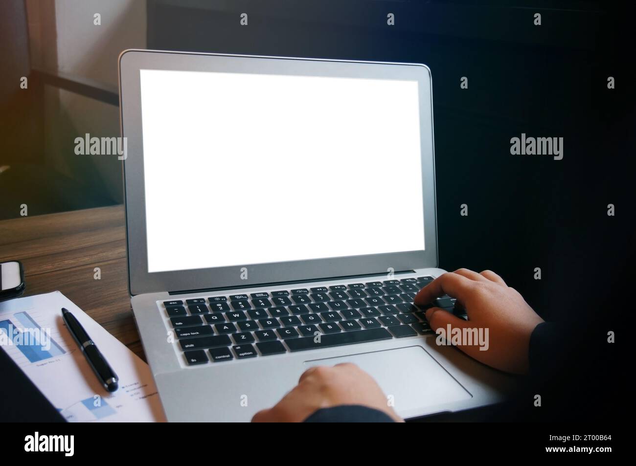 Business woman working on Laptop with Mock up blank screen. technology ...