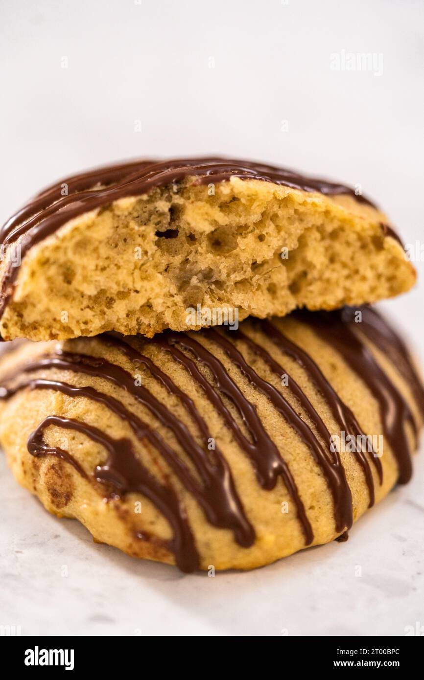Banana cookies with chocolate drizzle Stock Photo - Alamy