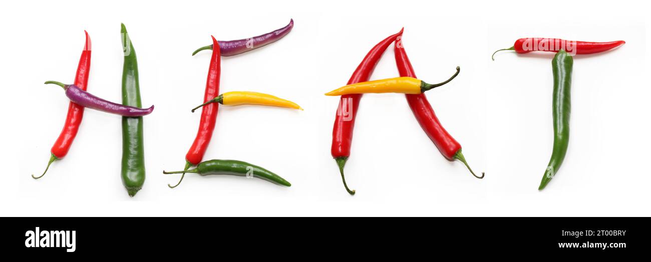 word HEAT from red green purple yellow chili peppers, alphabetic ABC ...