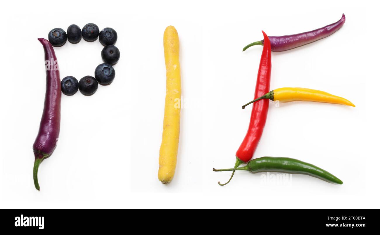 word PIE made from red green purple yellow chili peppers, alphabetic ...